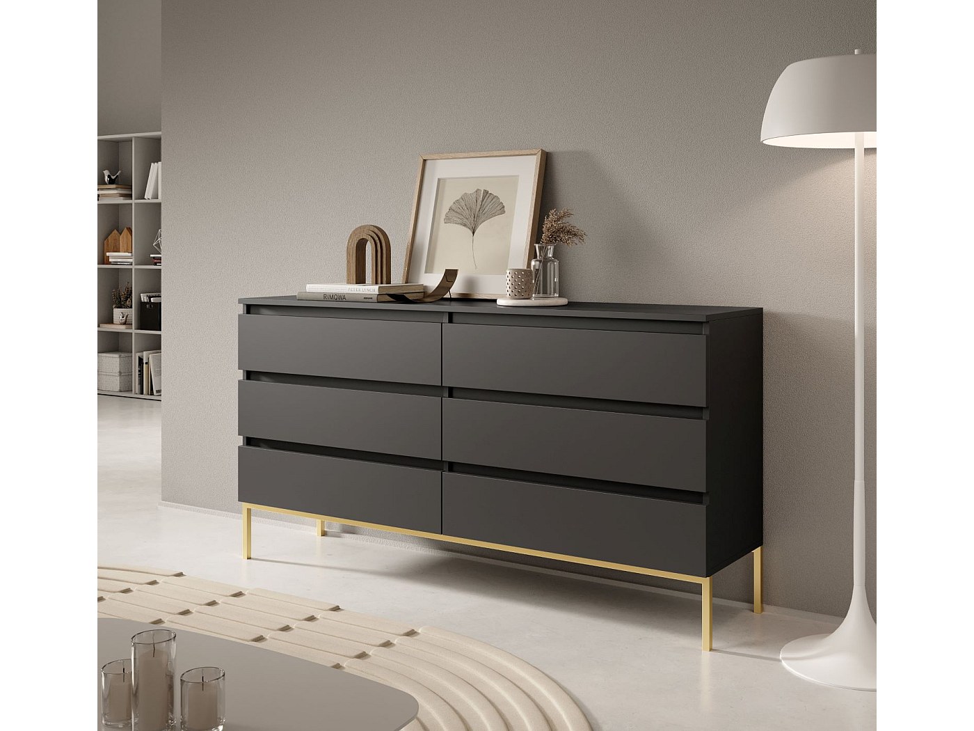 Commode à six tiroirs - 150 cm - noir avec pieds dorés - BEMMI