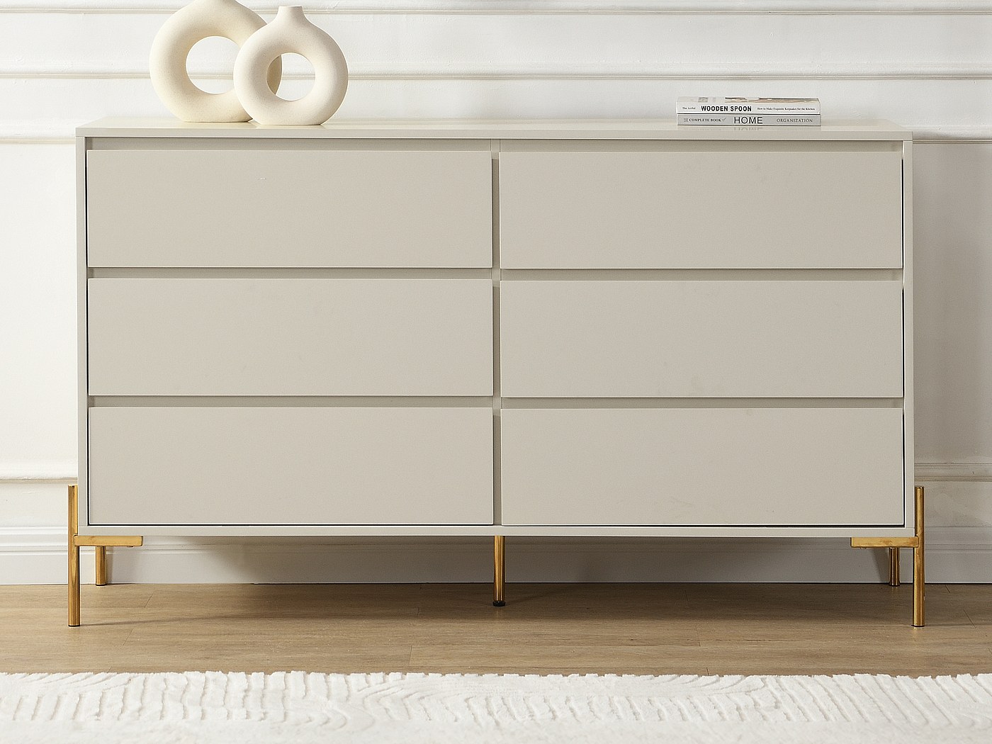 Commode avec 6 tiroirs en MDF et métal coloris beige et doré - KORASA ...