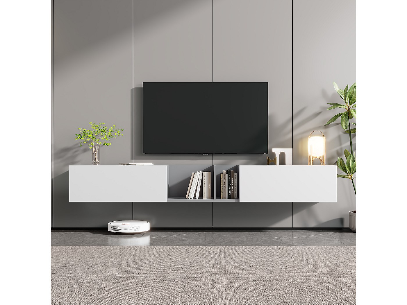 Hangend TV-meubel met 2 deuren en 2 open planken - L 220 cm - voor 90 ...