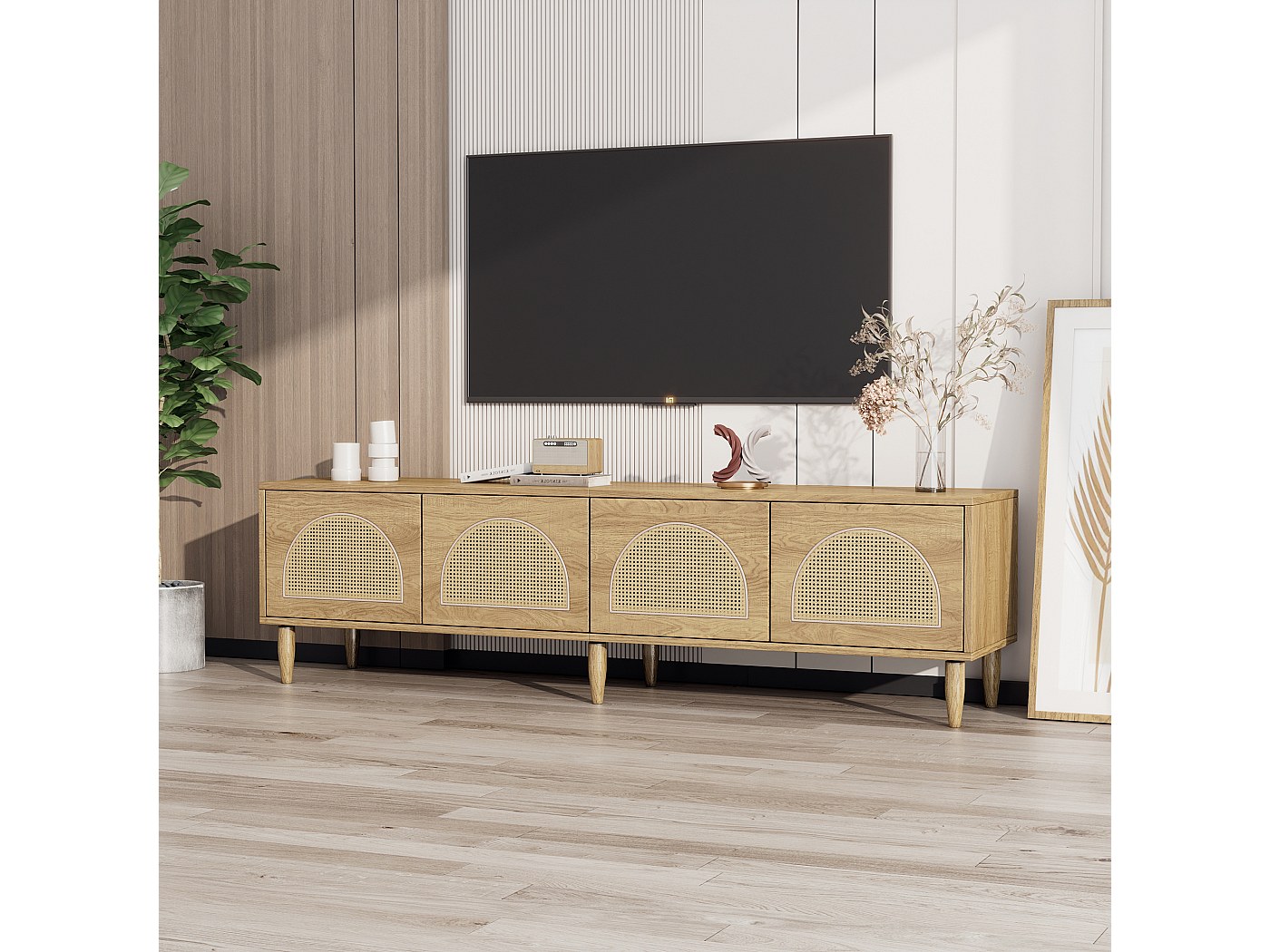 Mueble TV con 4 puertas de ratán - 180 x 40 x 51 cm - Patas regulables ...
