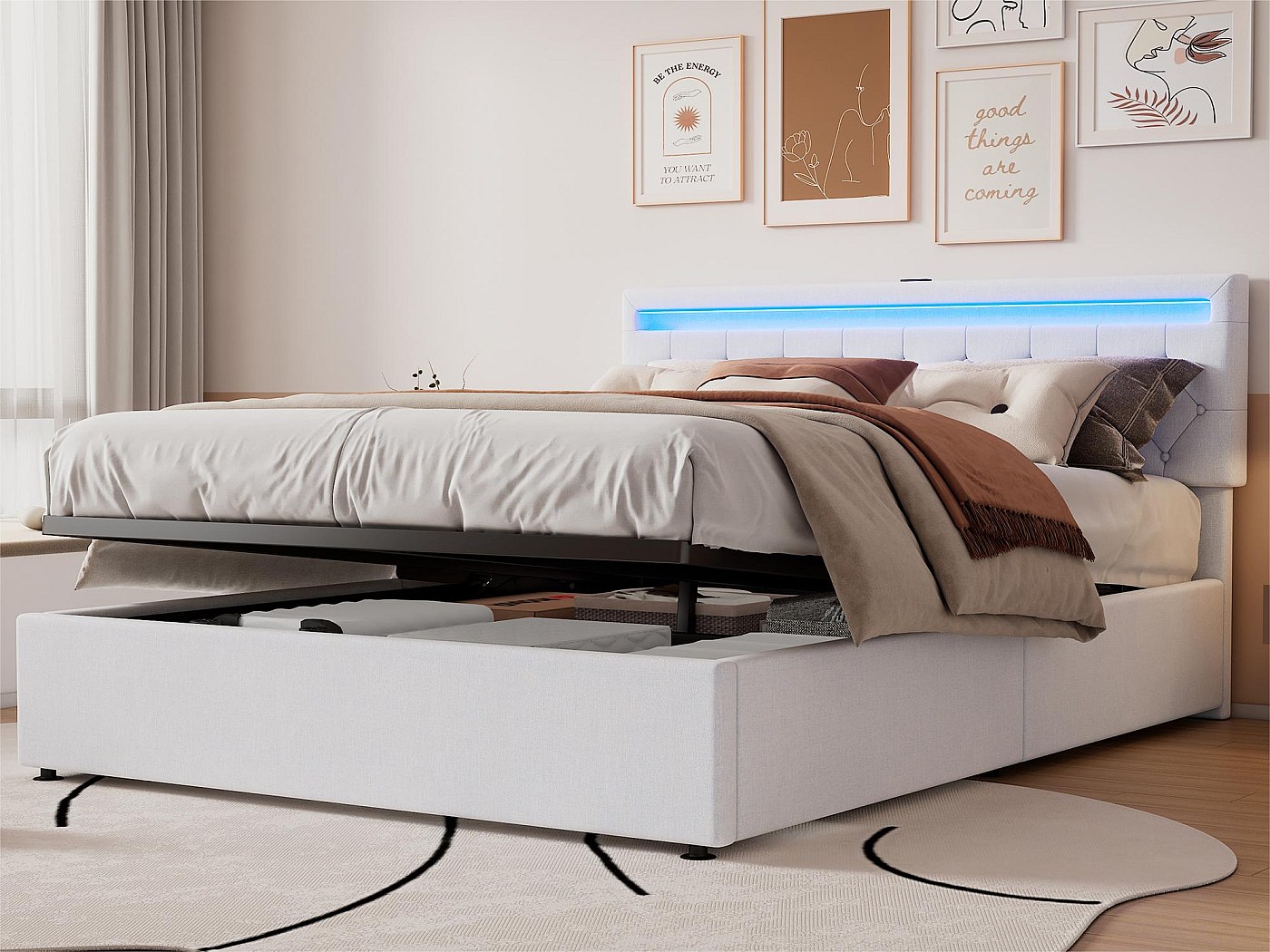 Lit coffre 160x200 cm en tissu lin avec LED - prises USB et Type-C sur ...