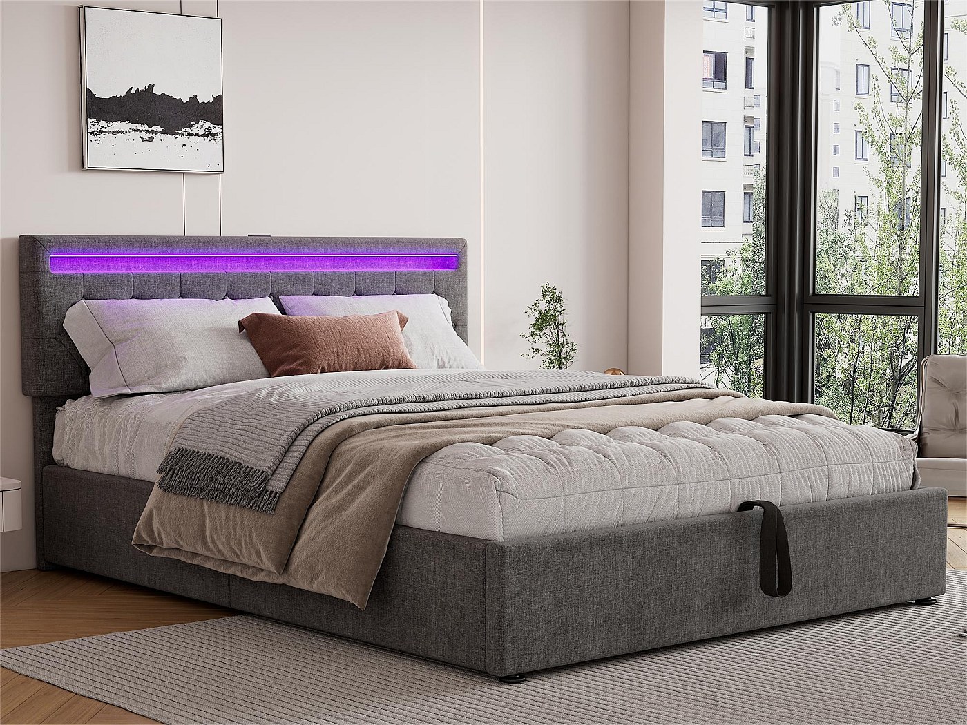 Opbergbed 160x200 cm in linnenstof met LED - USB- en Type-C ...