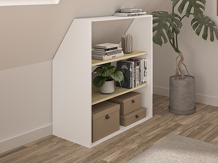 Kast voor onder een schuin dak met 2 planken, wit en naturel - ADEZIO