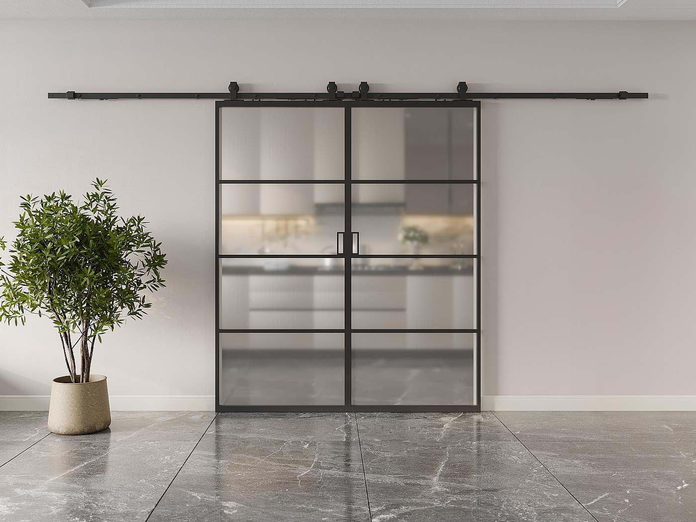 Drzwi przesuwne naścienne podwójne matowe szkło, aluminium, 2 x wys. 205 x szer. 83 cm - SINCA II