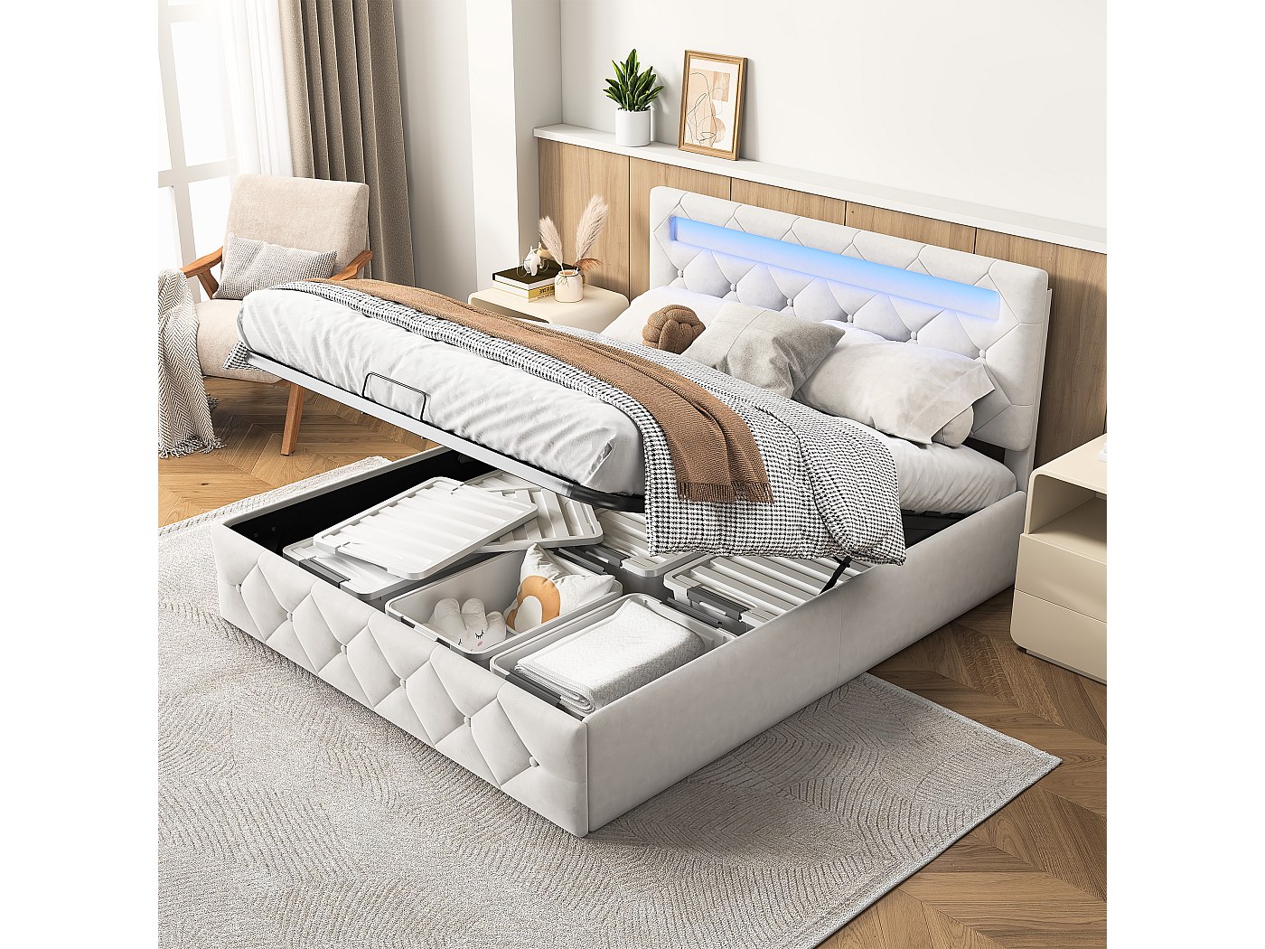 Lit 140x200cm avec LED - Sommier à Lattes - Grand Rangement - Tête de ...