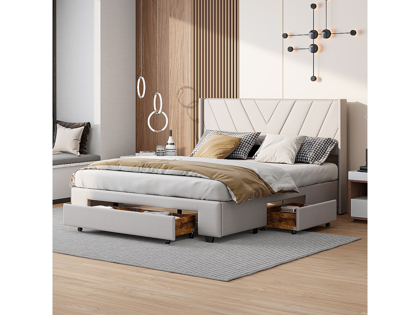 Cama estofada 160x200cm em linho com 3 gavetas + base de ripas - Bege