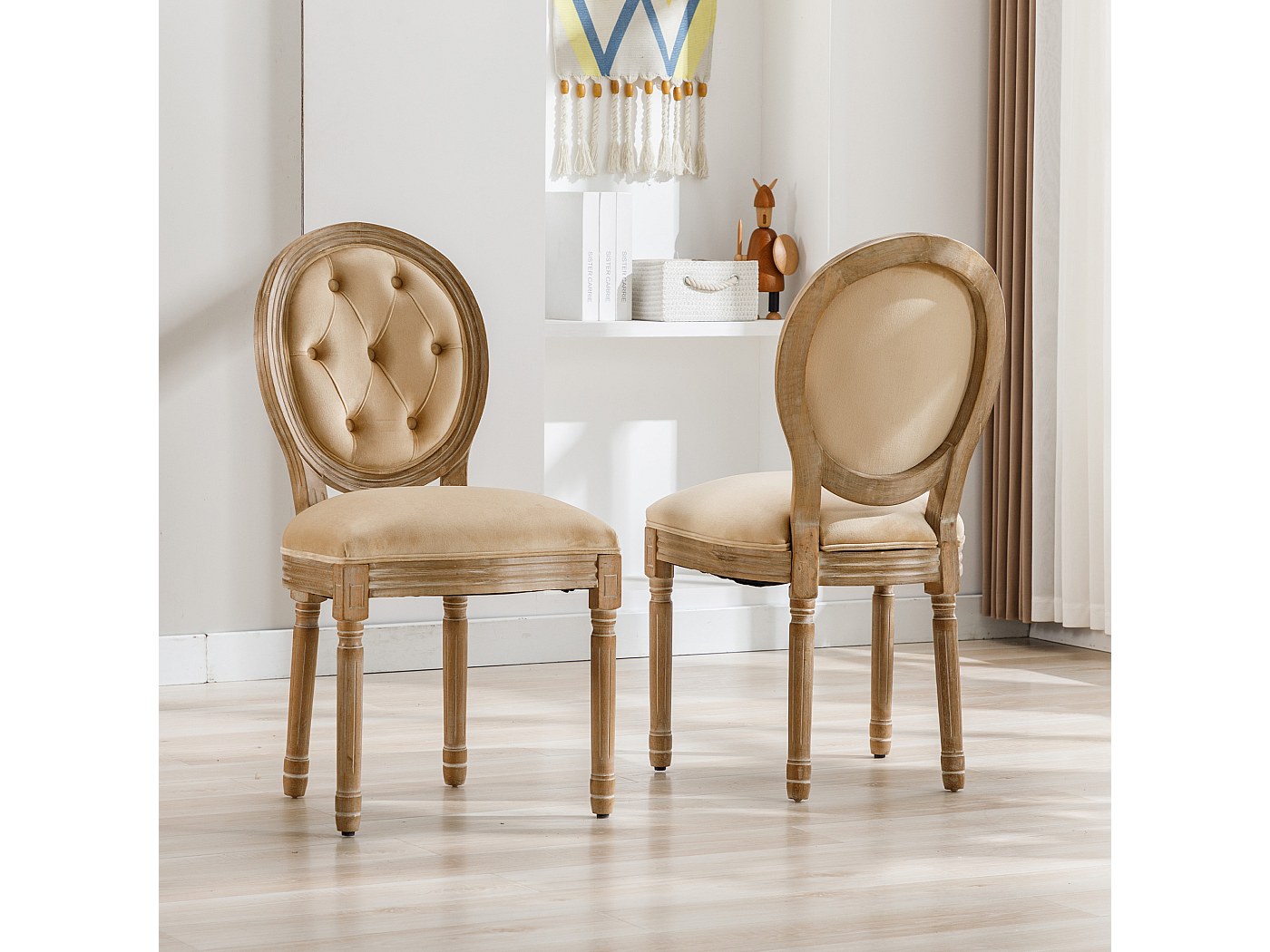 Lot de 2 chaises à dossier rond rembourré en velours - Pièds en bois ...