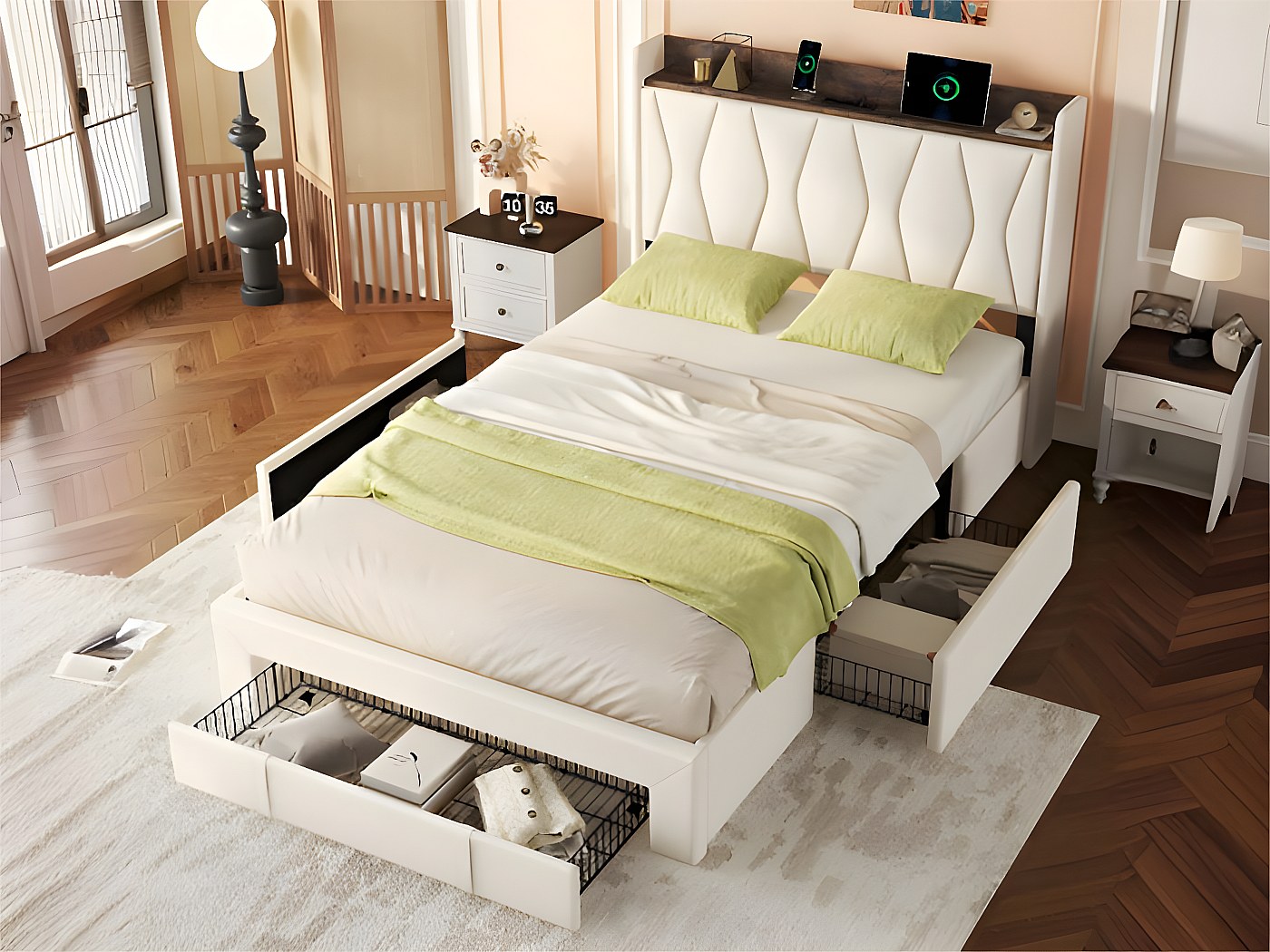 Letto imbottito in tessuto di lino 140x200 cm - con prese USB e Type-C ...