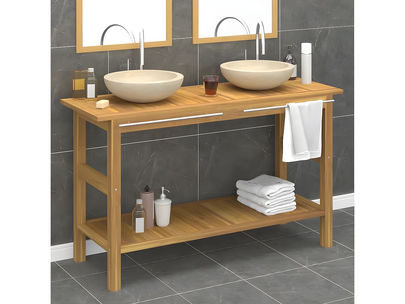 Armoire avec lavabos en marbre crème Teck massif FR48550