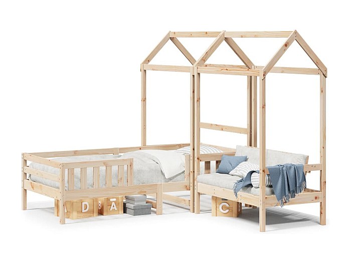 Set de cama y banco con techo madera maciza de pino 90x190 cm ES339973