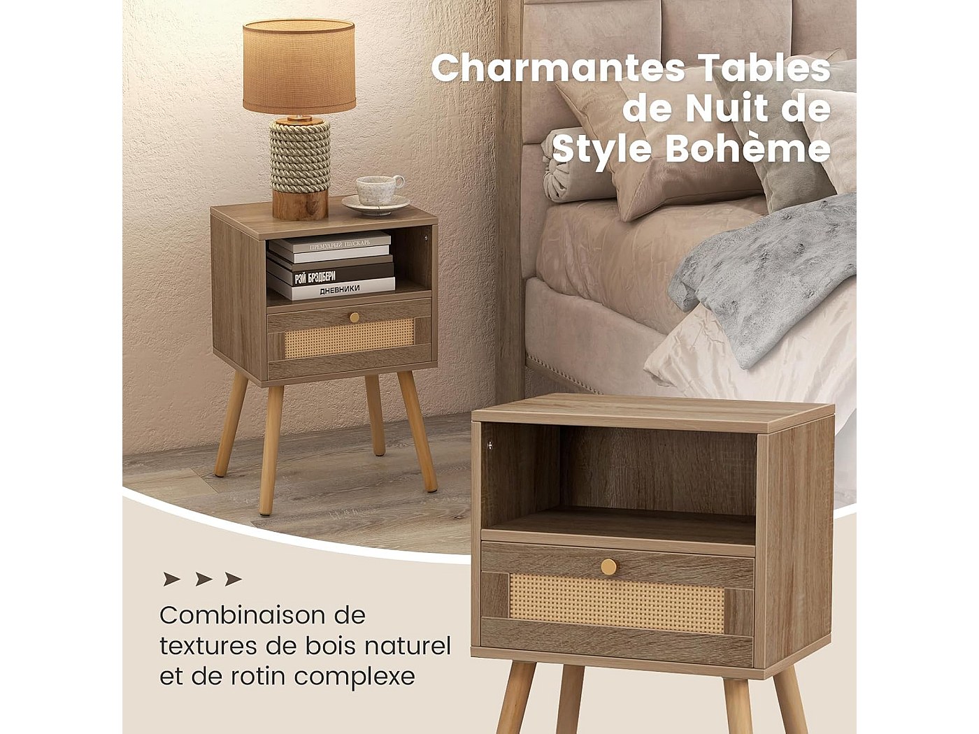 Lot de 2 Tables de Nuit en Rotin, Table de Chevet Bois avec Tiroir, 4 ...