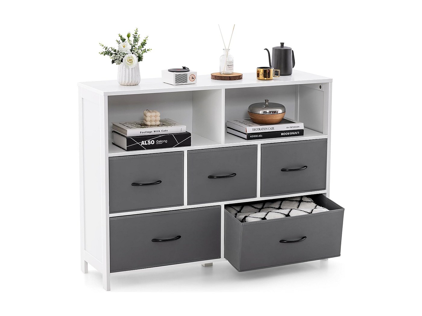 Commode Rangement 5 Tiroirs, Chiffonnier avec 2 Grands Compartiments ...