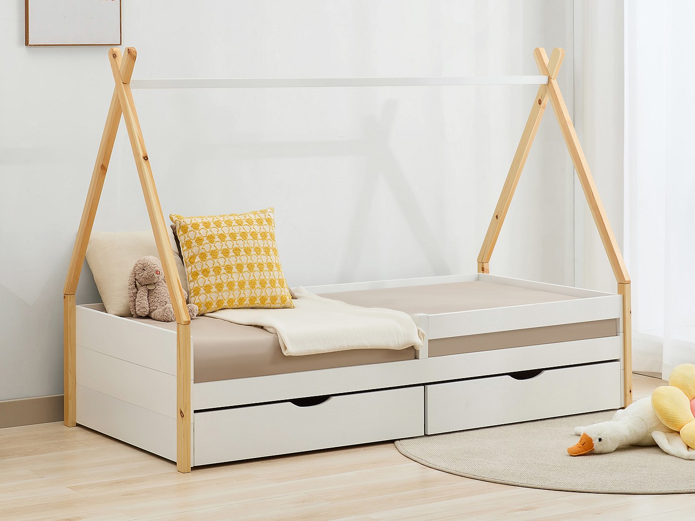 Tipi-bed 90 x 190 cm met lades van grenen en mdf, wit en naturel - LUANCO