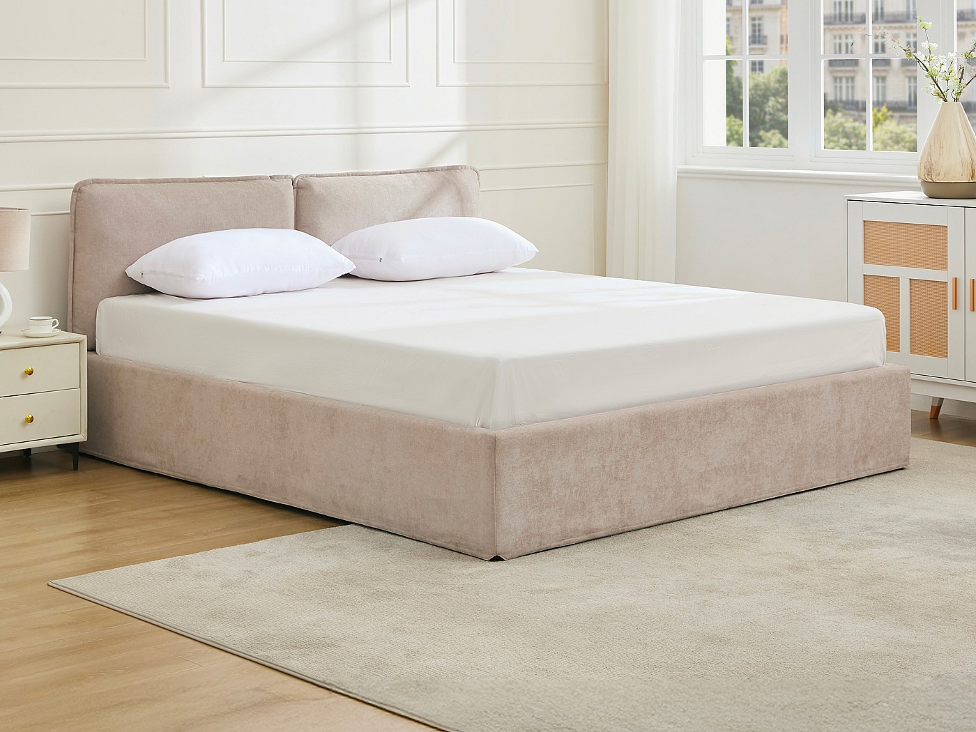 Cama canapé con funda extraíble king size 180 x 200 cm en tela beige ...