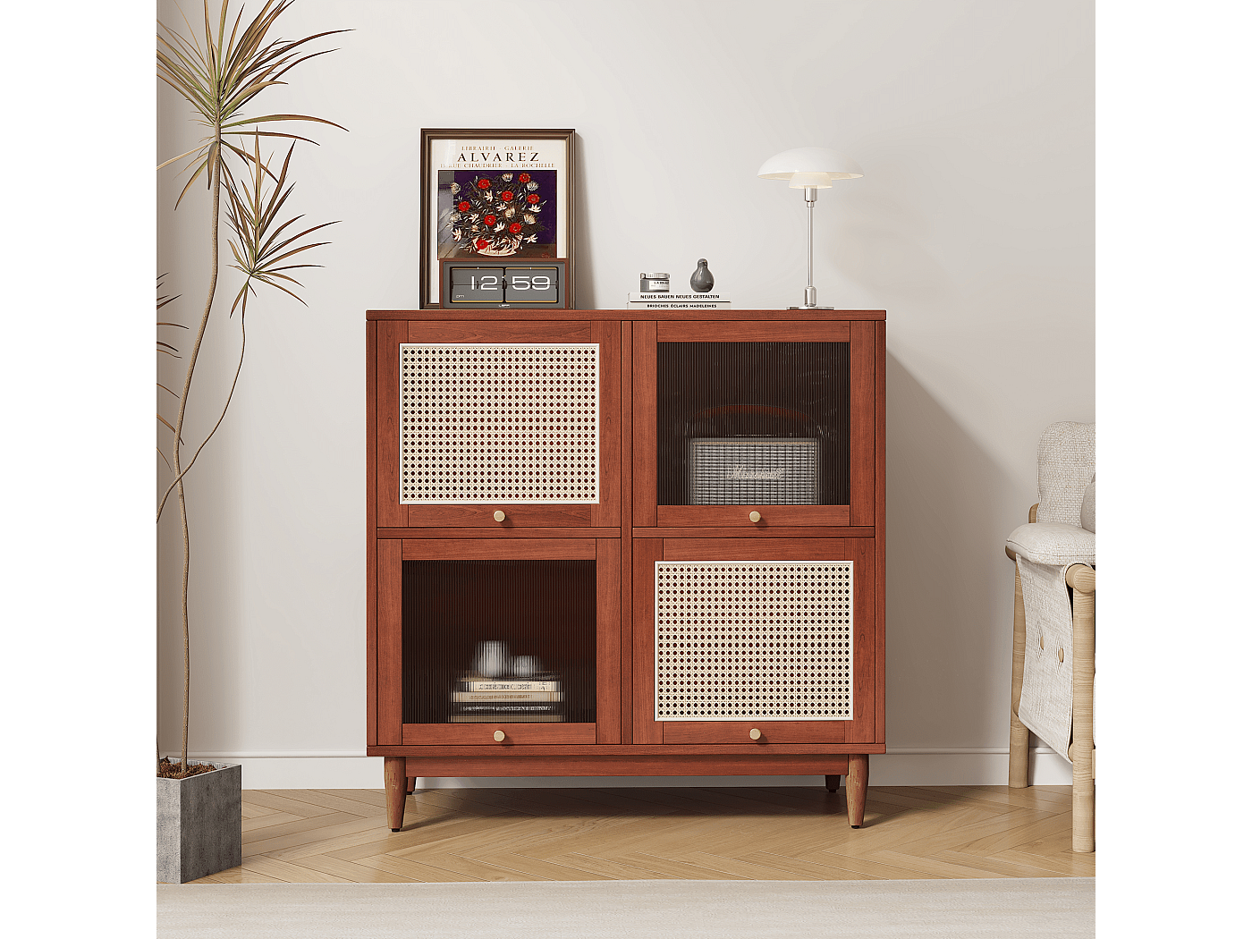 Mueble de almacenaje de nogal con puertas de ratán y acrílico ...