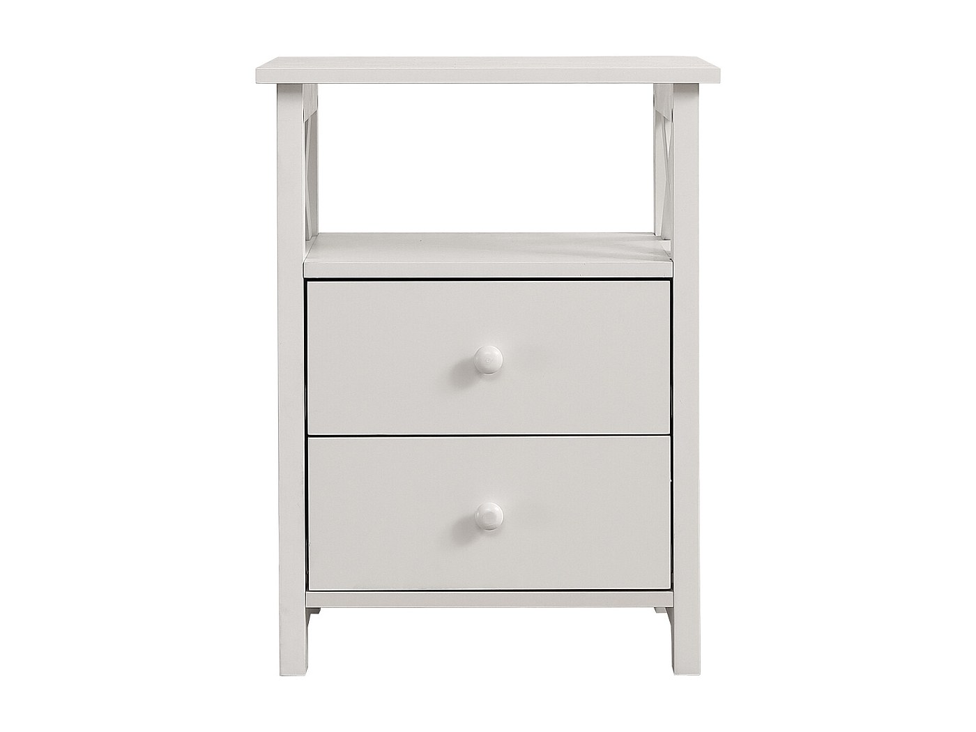 Nachttisch mit 2 Schubladen und 1 Fach, X-förmig, Holz, weiß.