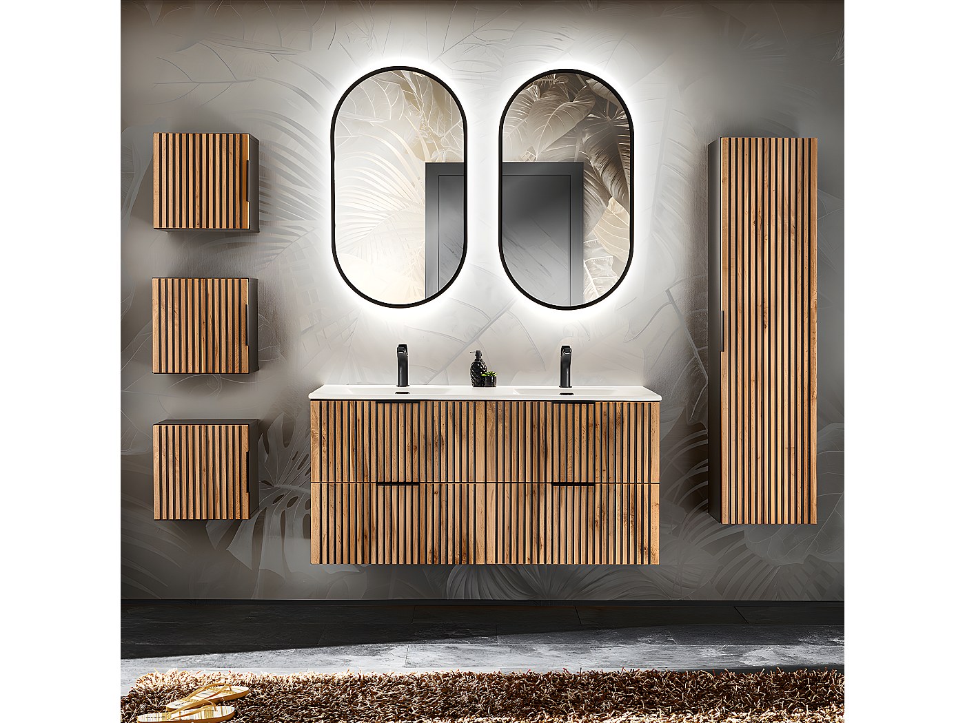 Ensemble meuble double vasque encastrée 120cm colonne et 3 armoires ...