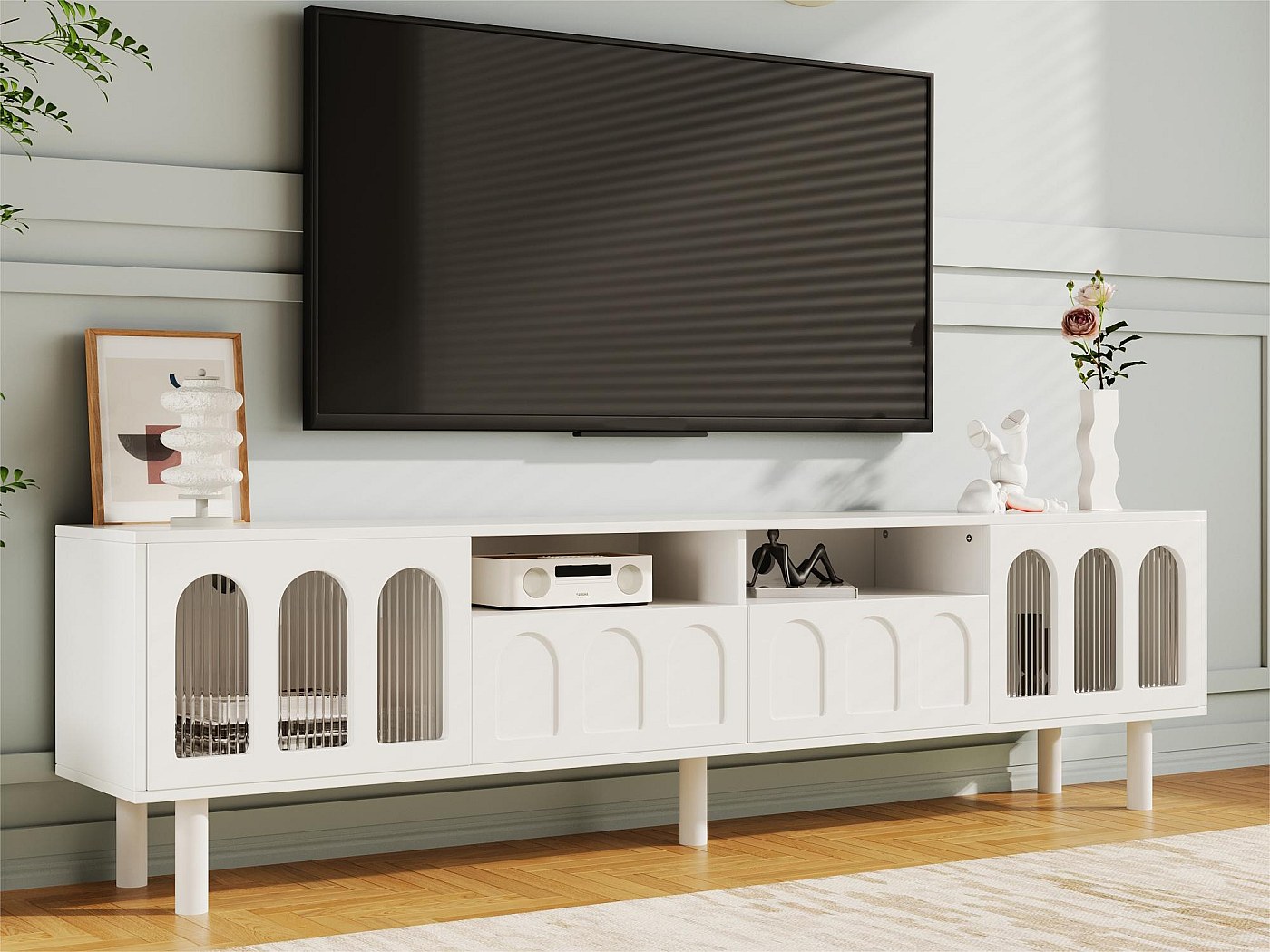 Móvel TV 180cm - 2 gavetas 2 compartimentos abertos 2 portas de vidro ...