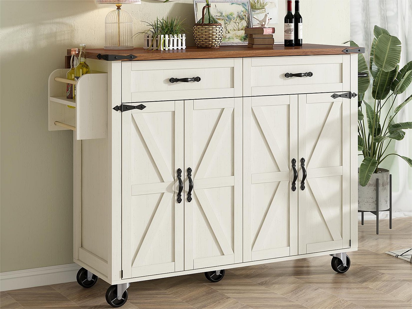 Sideboard, Barmöbel auf Rollen – mit einziehbarer Platte – 4 Türen und ...