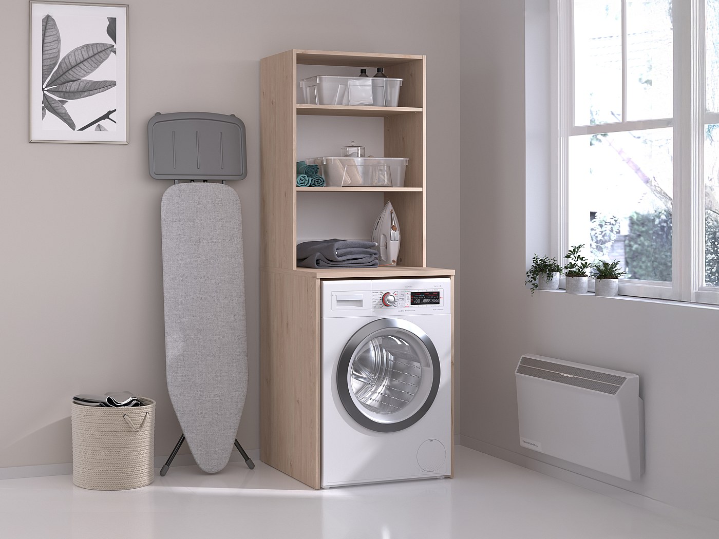 Wasmeubel voor wasmachine en 2 planken - L65 x H184 cm - ERKANO