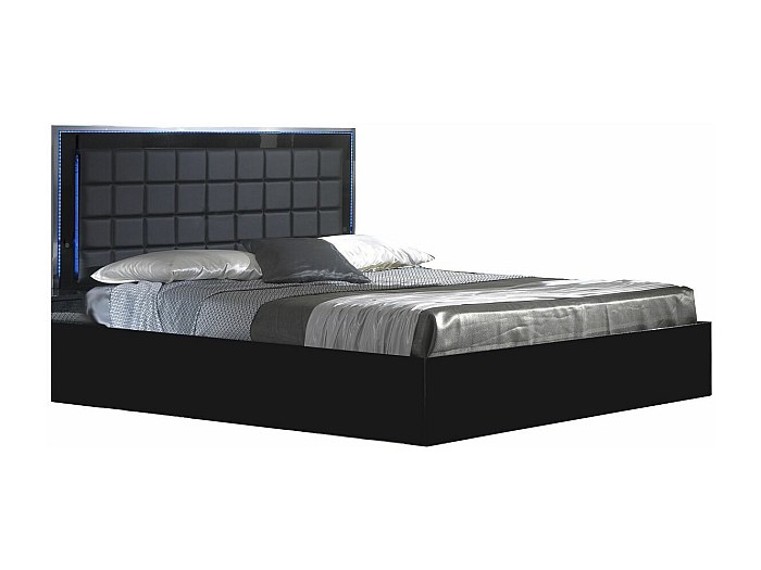 Lit design avec coffre bois noir laqué et tête de lit capitonnée simili ...