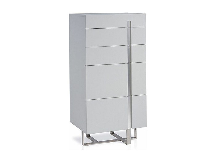 Cómoda Deza de 5 cajones en madera lacada gris y acero inoxidable