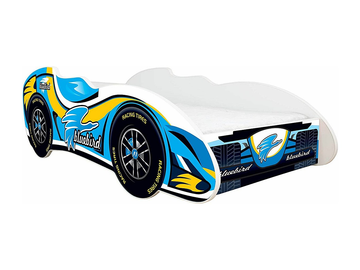 Lit enfant voiture F1 Blue bird bleu 70x140 - Sommier et matelas inclus