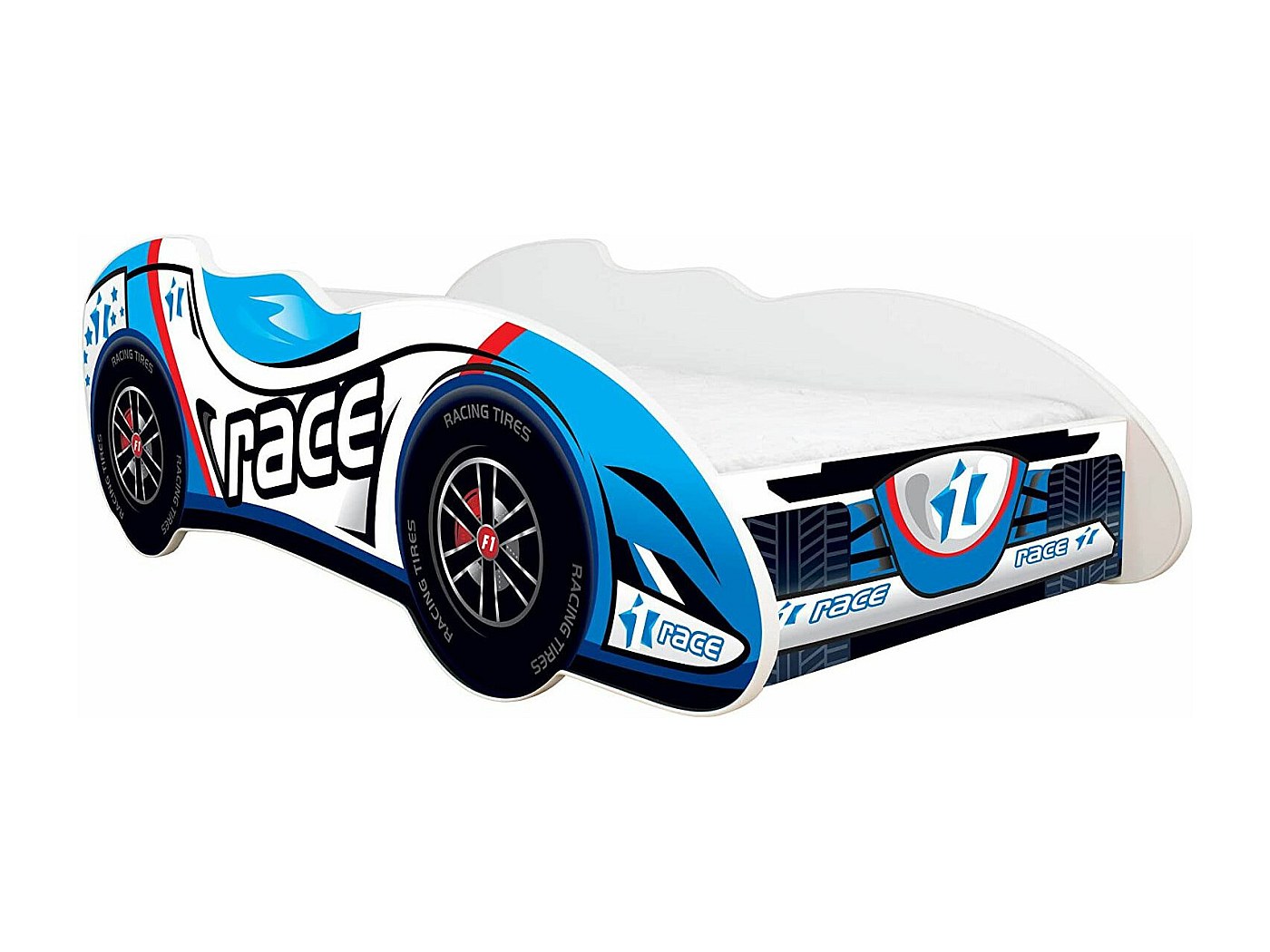 Lit enfant voiture F1 Race bleu 70x140 - Sommier et matelas inclus