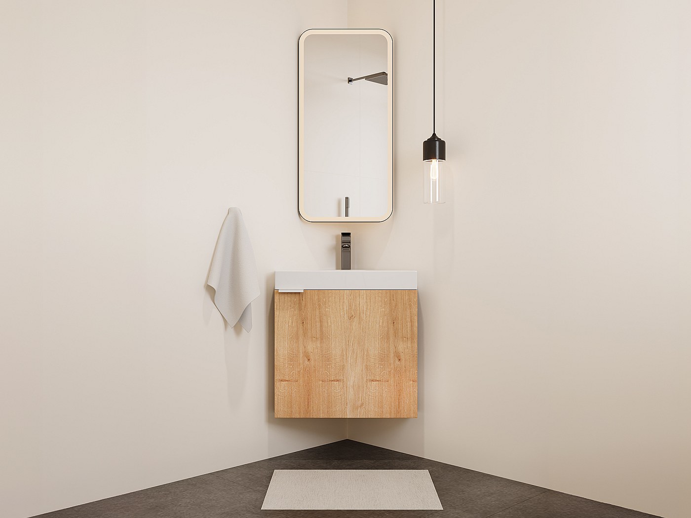 Móvel lavatório de canto suspenso natural claro com lavatório C56 x A50 ...