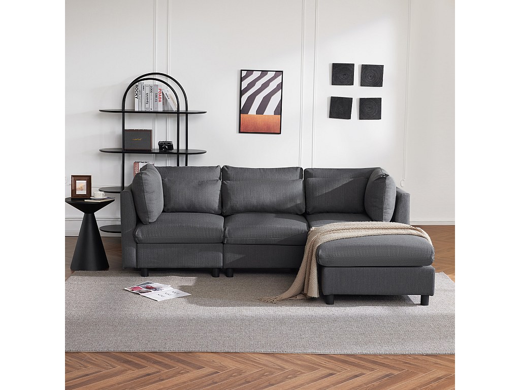 Canapé d'angle droit convertible avec repose-pied - Tissu en lin - 220 ...