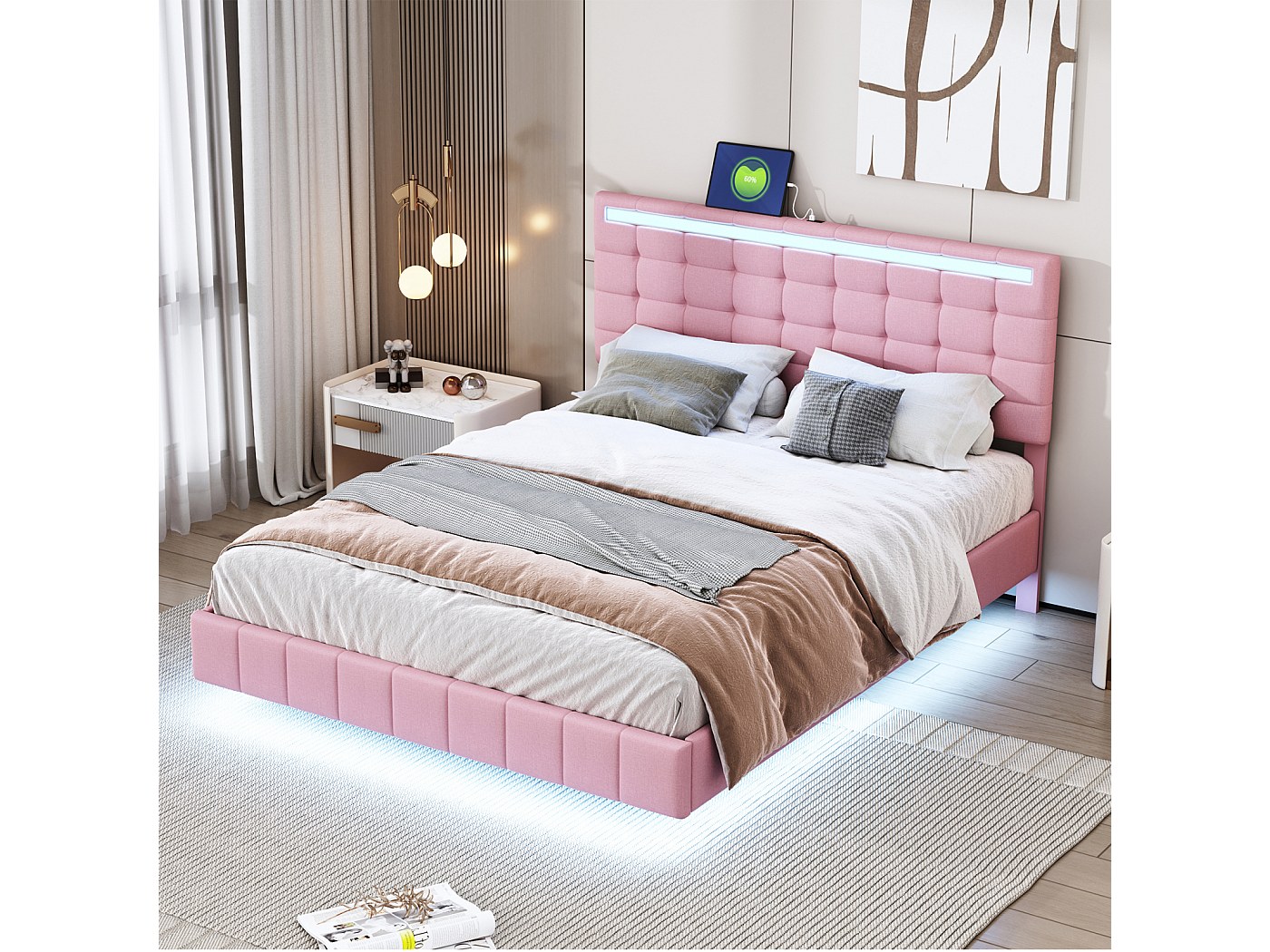 Cama tapizada con lámparas LED para adultos - estructura de cama ...