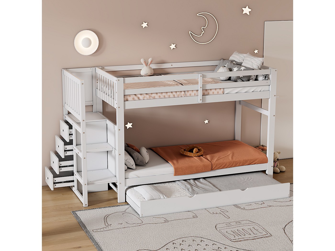 Literas 2 x 90 x 200 cm + cama nido 90 x 190 cm - Cómoda integrada con ...