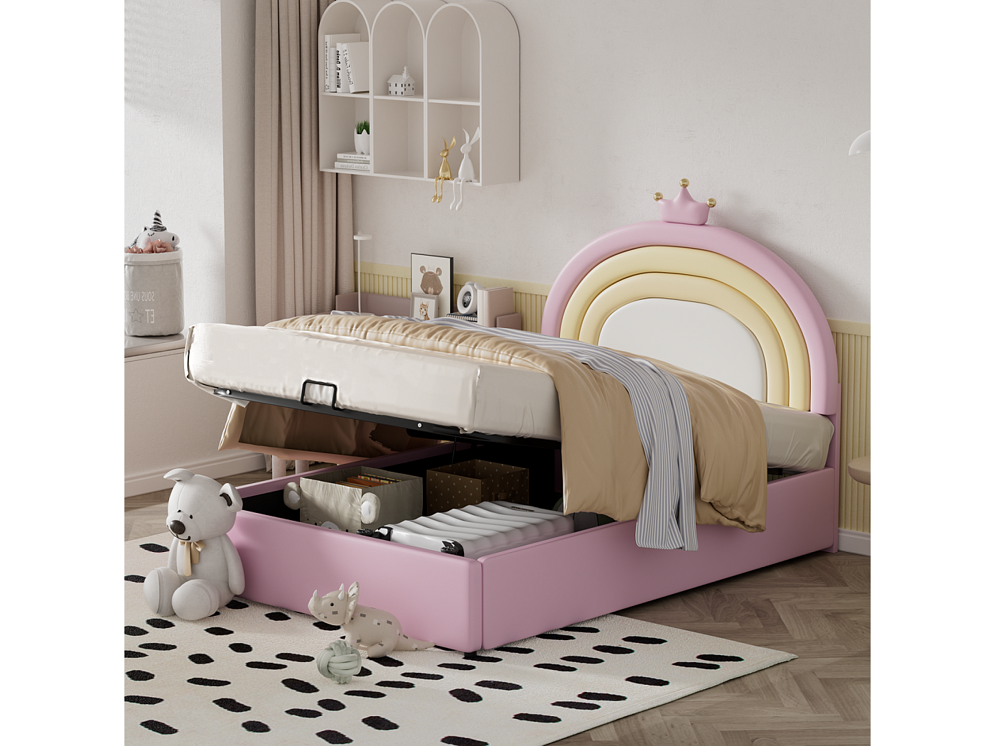 Lit coffre d'enfant, lit fille rembourré avec sommier à lattes et tête ...