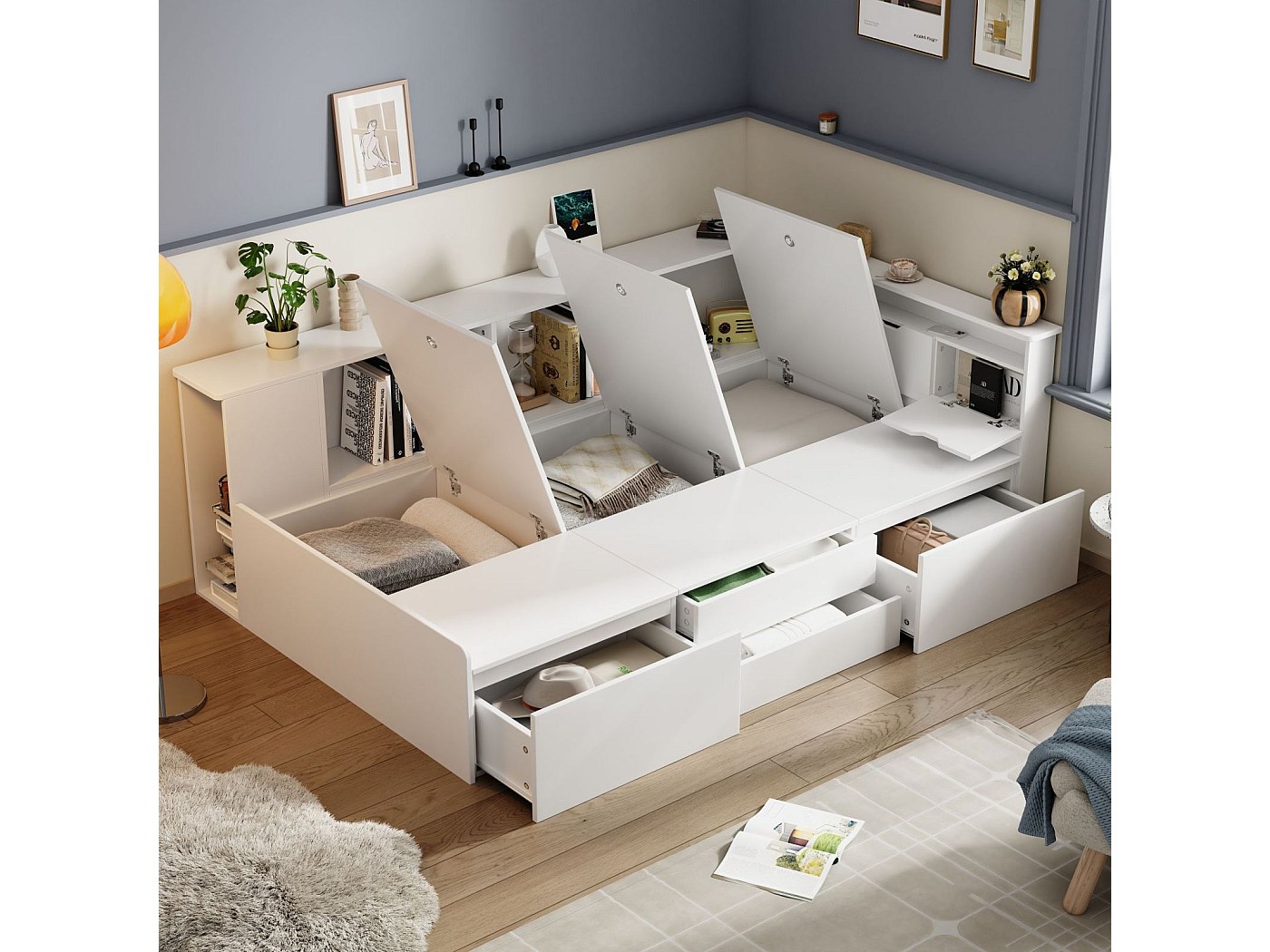 Lit combiné 90x200cm, lit simple enfant avec tiroirs, bibliothèque et ...