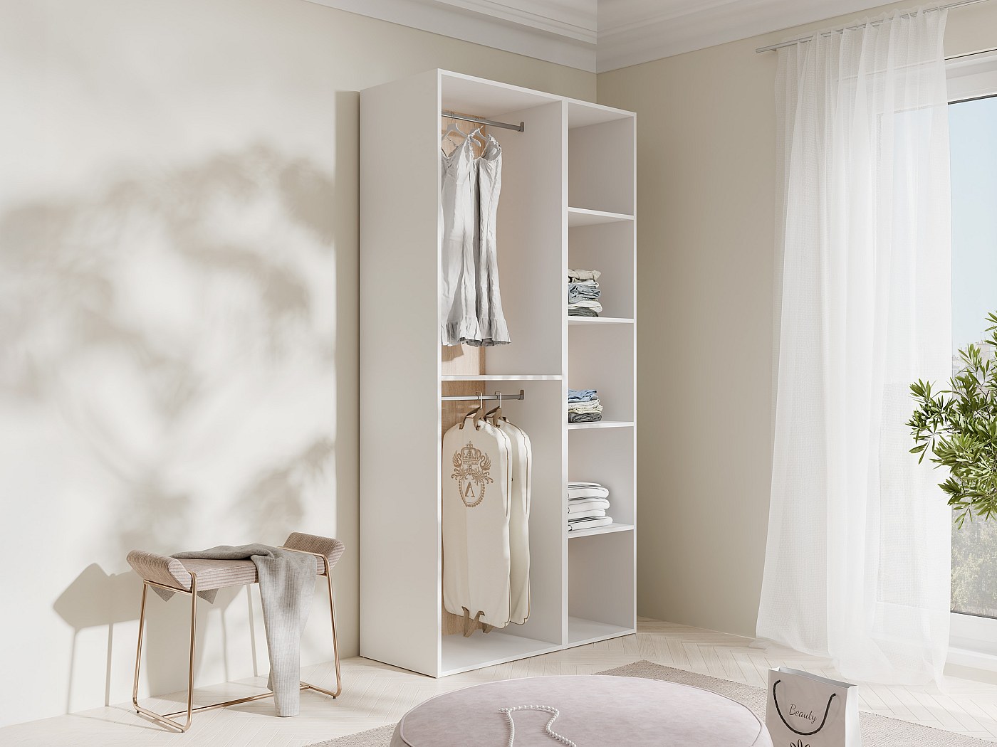 Roupeiro de canto modular C84,5 cm cor branca e natural - TAMOKA