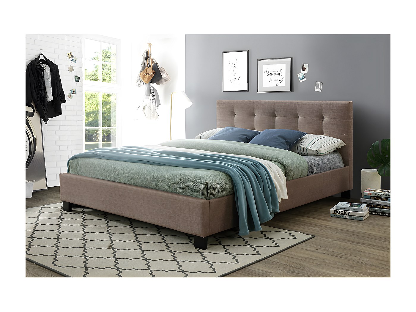 Cama 160 x 200 tela camel acolchada MARQUISE