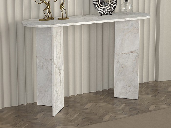 Console ovale de coloris effet marbre blanc - TOPANIA