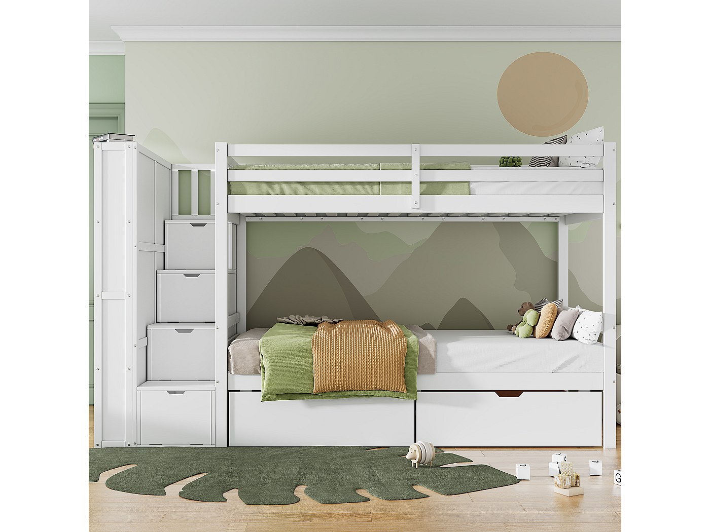 Letto a castello con 2 cassetti + scala portaoggetti + ripiani - 90x200 ...