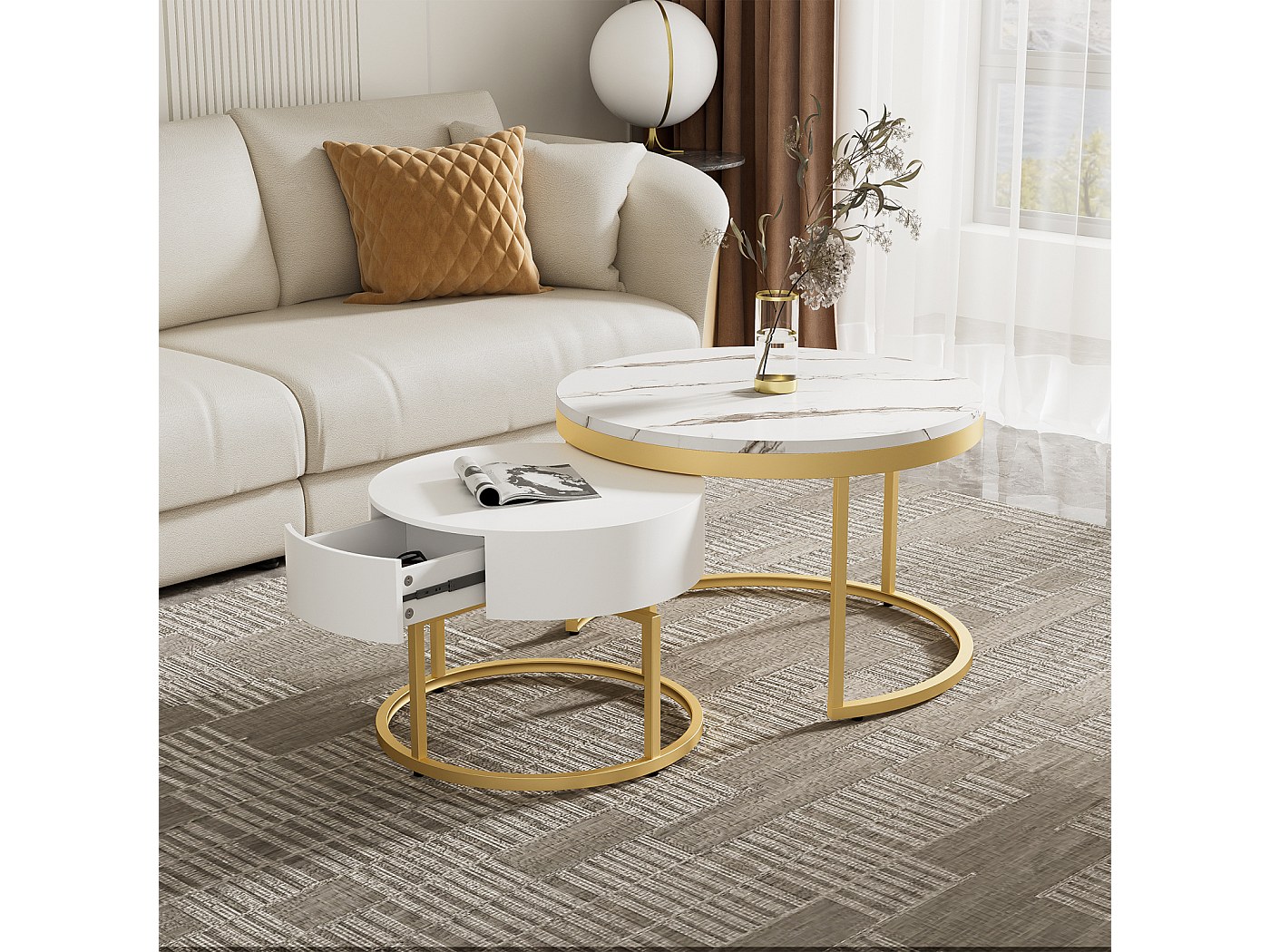 Lot de 2 table basse gigogne, table ronde pivotante, plateau en motif ...