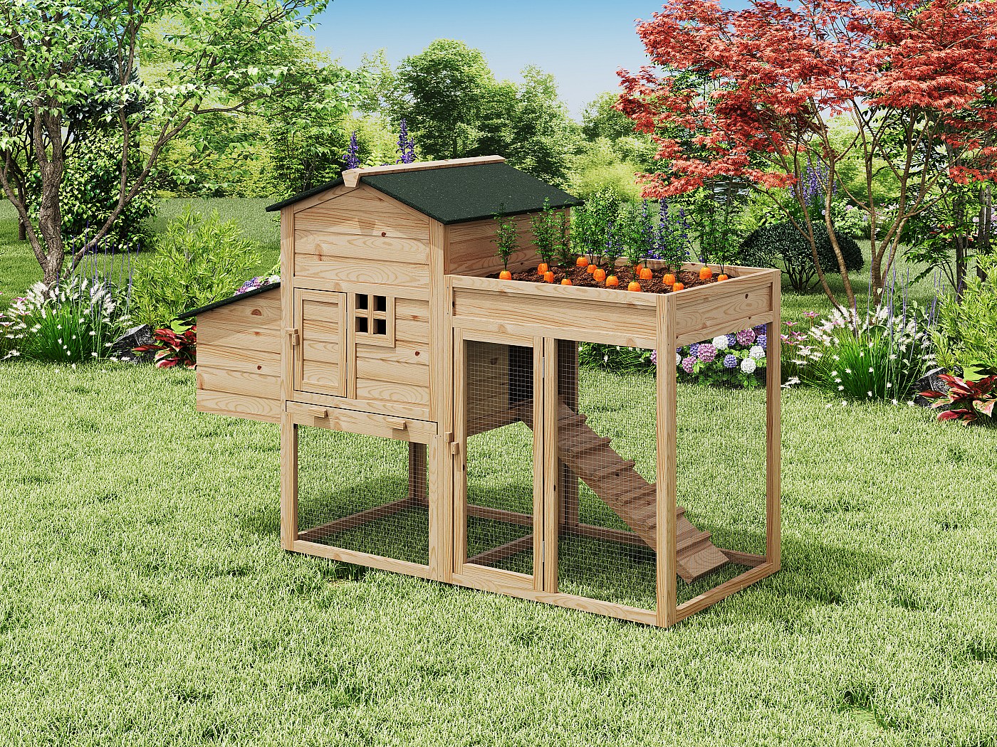 Kippenhok met omheining en moestuin - 4 kippen - H109 cm - Naturel ...