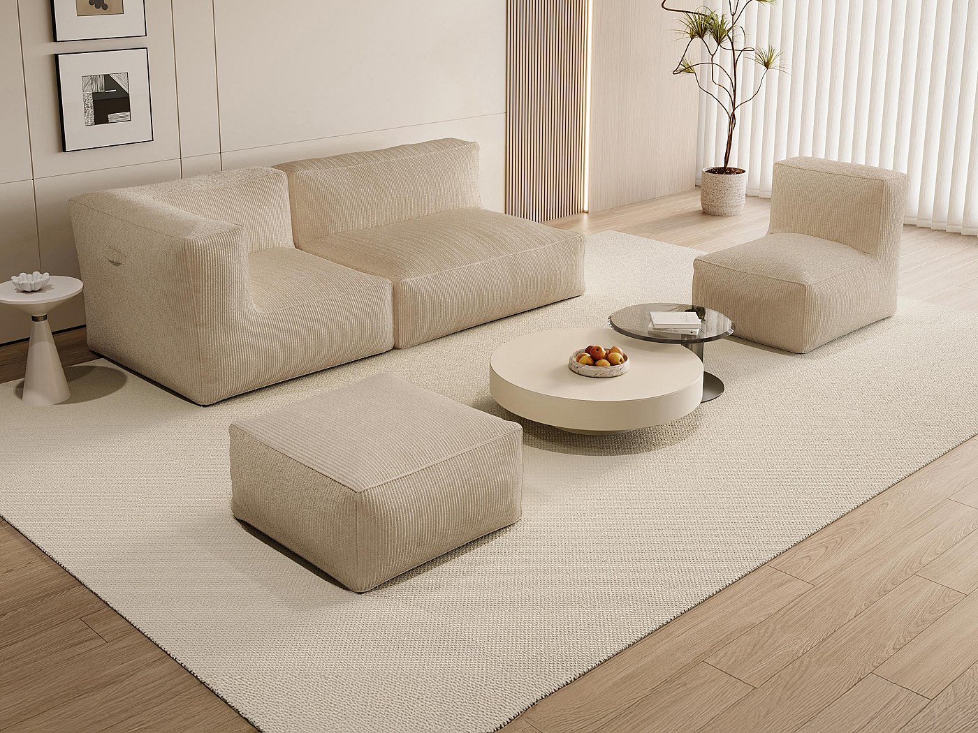 Modulaire zitbank met fauteuil en poef in beige ribfluweel NOUMARA