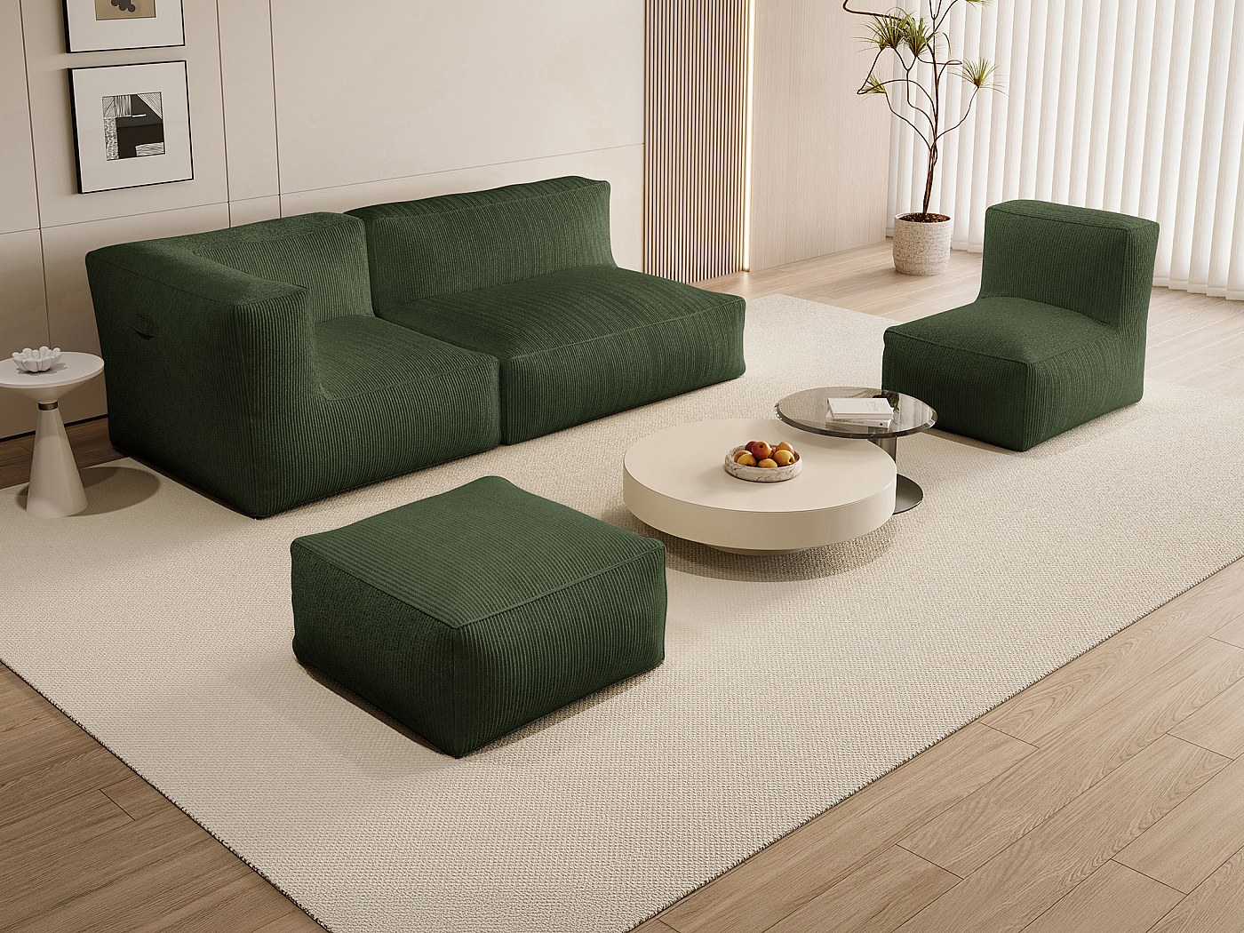 Canapé modulable avec fauteuil et pouf en velours côtelé vert NOUMARA