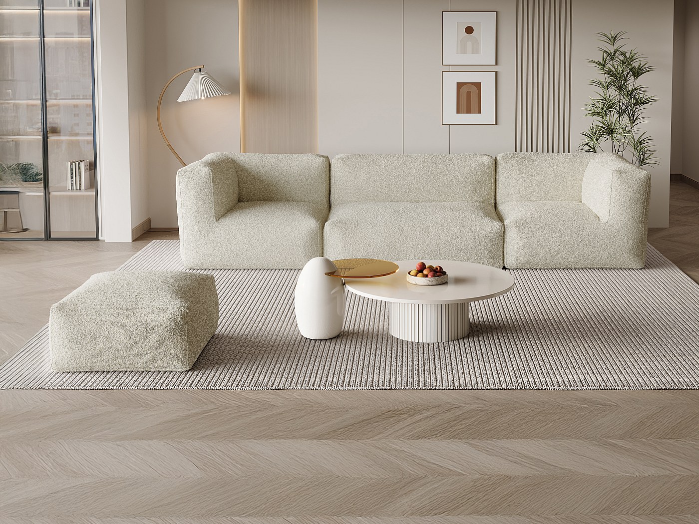 Modulaire zitbank met poef in beige bouclé NOUMARA