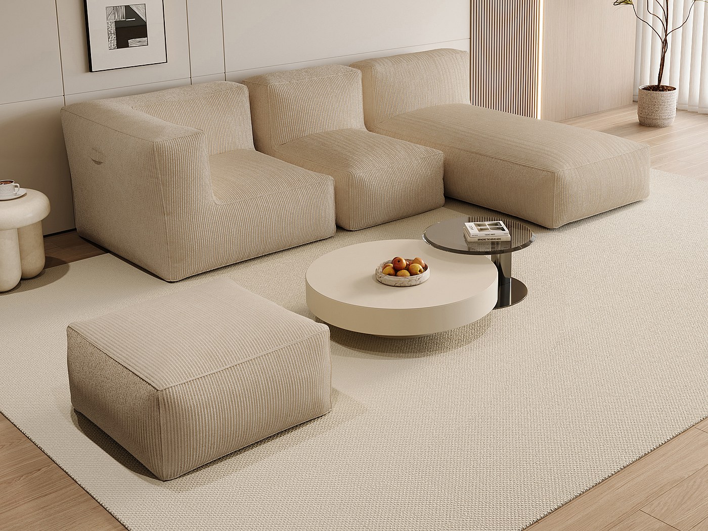 Divano angolare modulare con pouf in velluto a coste Beige NOUMARA