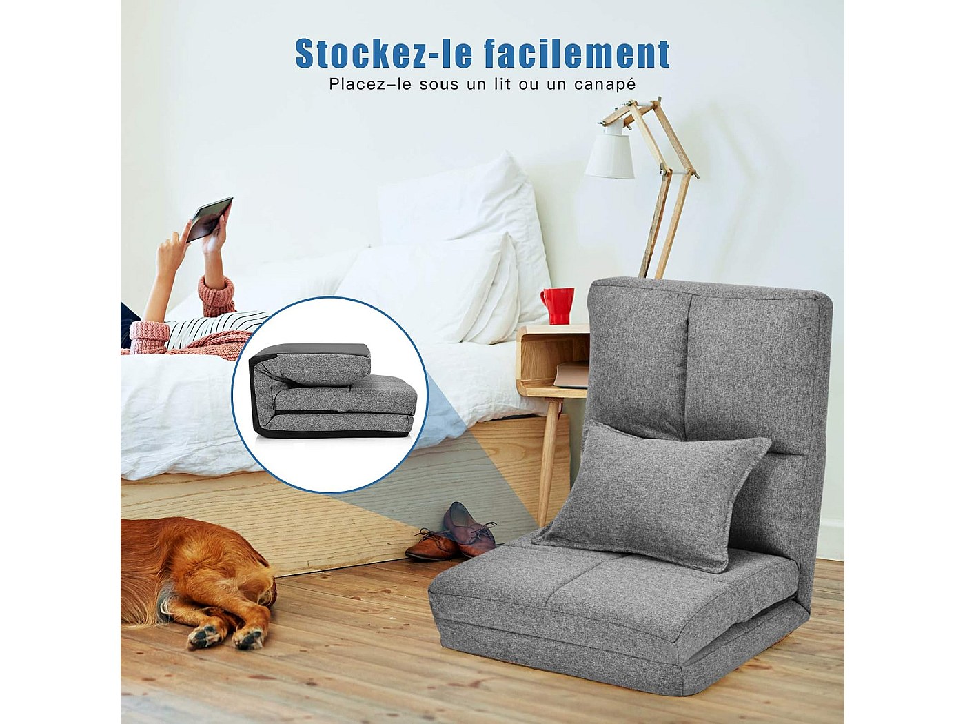 Chaise Longue Réglable Fauteuil Relax de Sol Matelas Pliant, Canapé Paresseux avec Pouf ...