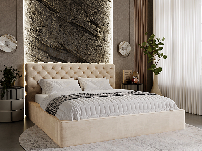 Lit rembourré avec rangement - 140 x 200 - lit double - velours - beige ...