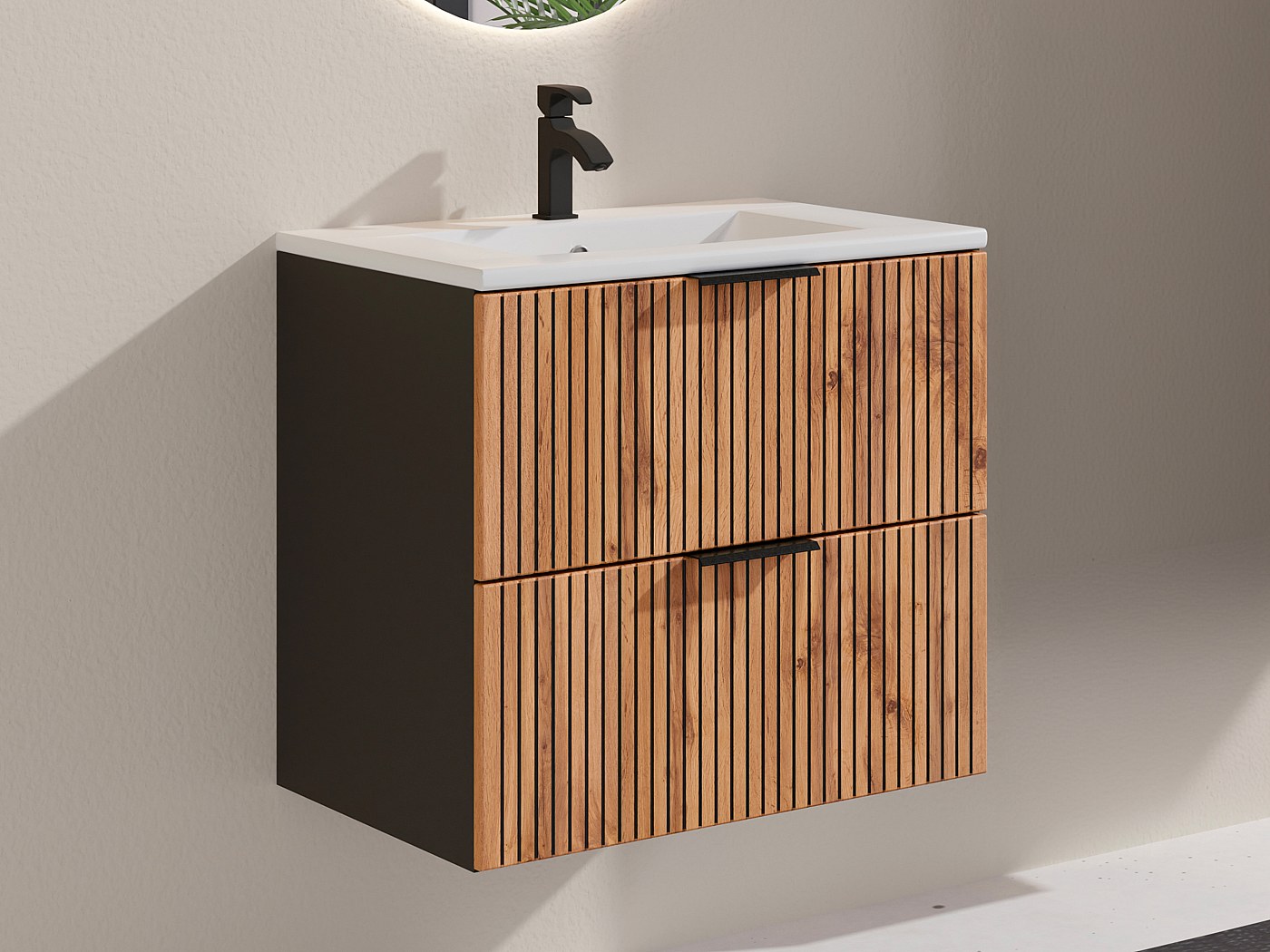 Hangmeubel met groeven met inbouwwastafel, licht naturel en zwart, 60 ...