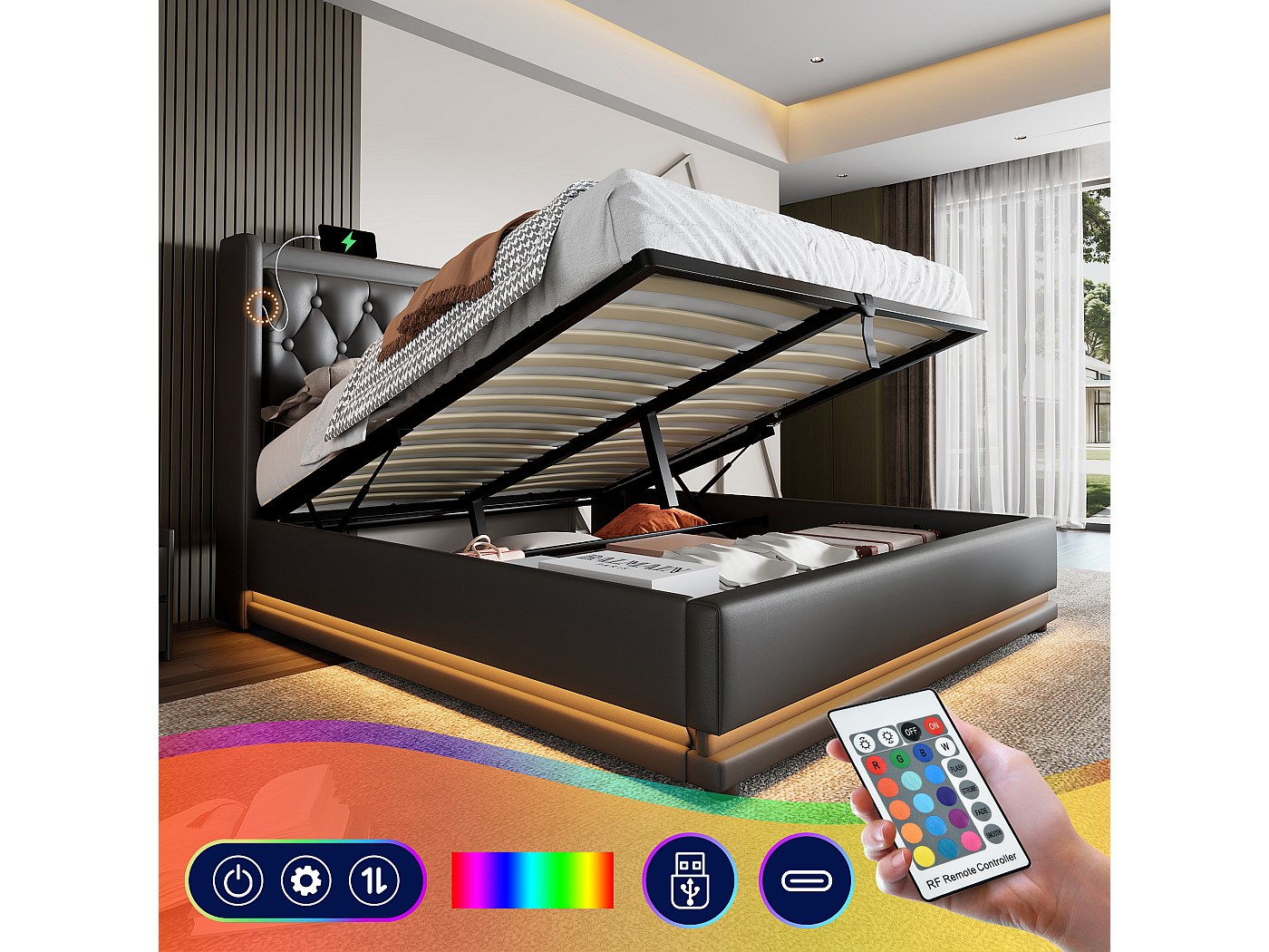 Letto contenitore 140 x 200 cm con testiera - Prese USB e Type-C - LED ...