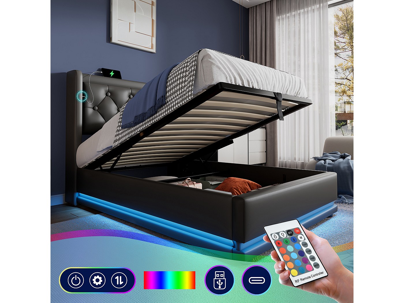 Letto contenitore 90 x 200 cm con testiera - Prese USB e Type-C - LED ...