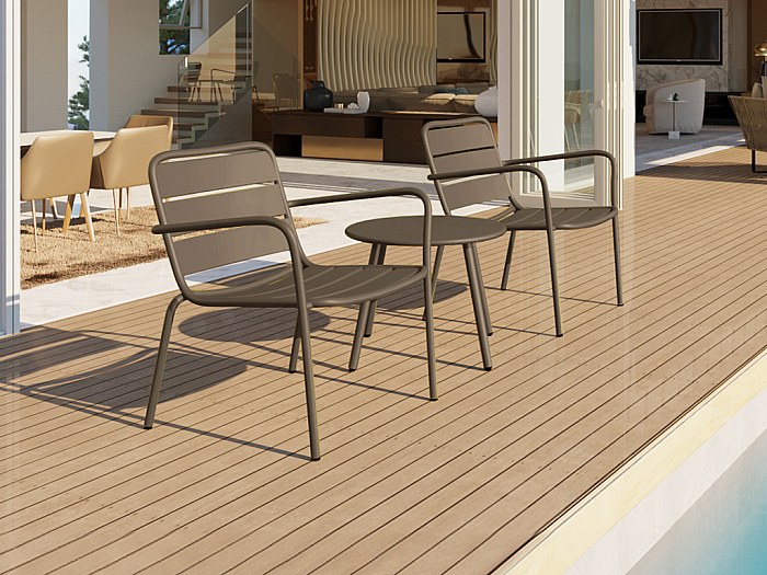 Salon jardin métal - 2 fauteuils bas empilables et une table d'appoint - Taupe - MIRMANDE